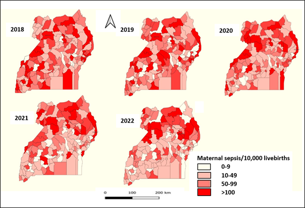 Trends and distribution of maternal sepsis, Uganda, 2018-2022 - UNIPH